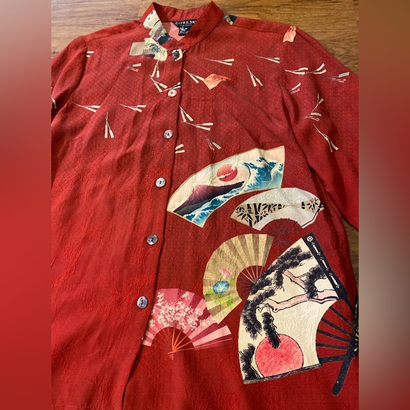 Citron | Tops | Citron Santa Monica Silk Asian Oriental Blouse Cherry Blossom Hokusai Wave M ...